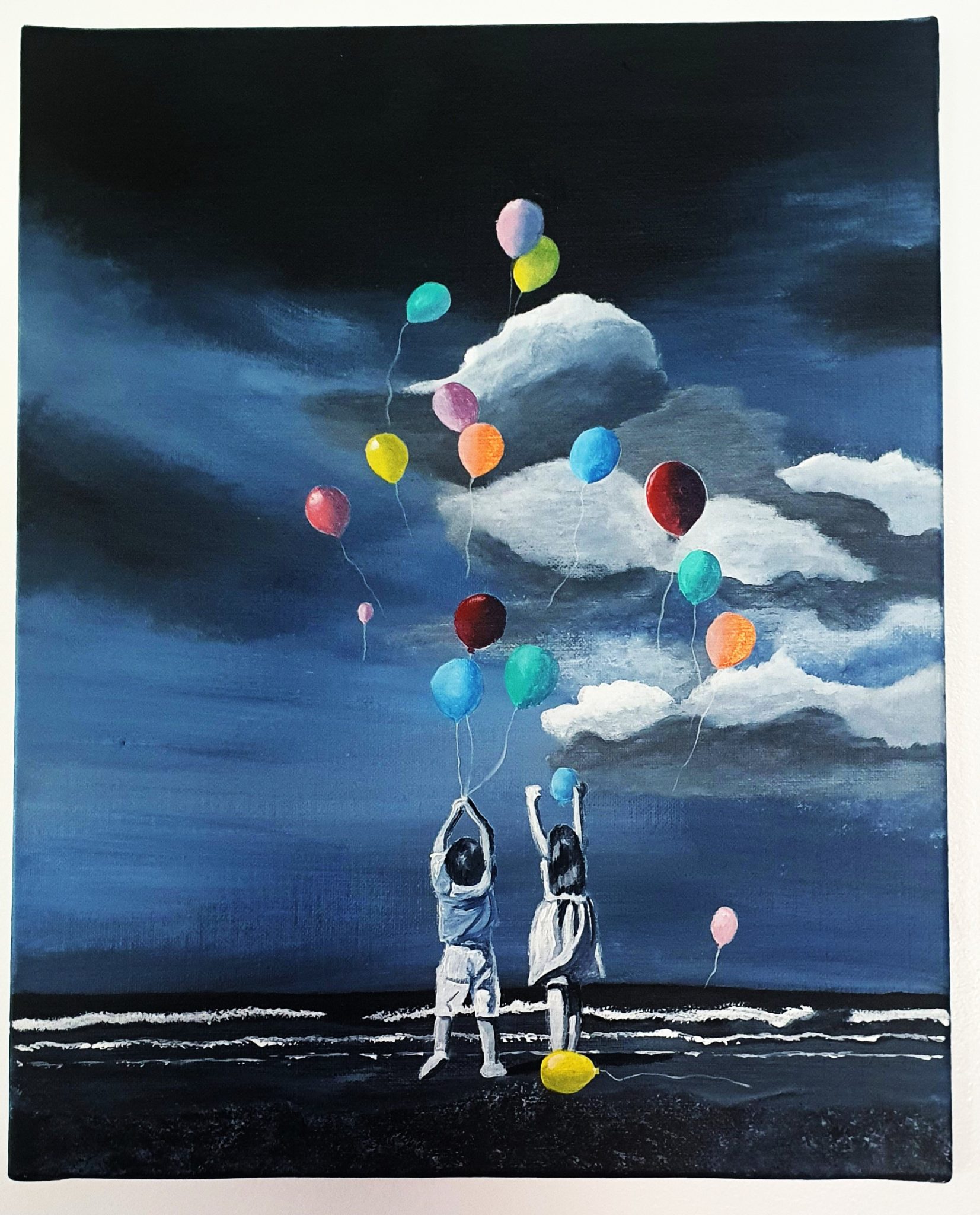 Toile acrylique d'un bord de mer ou des enfants jouent